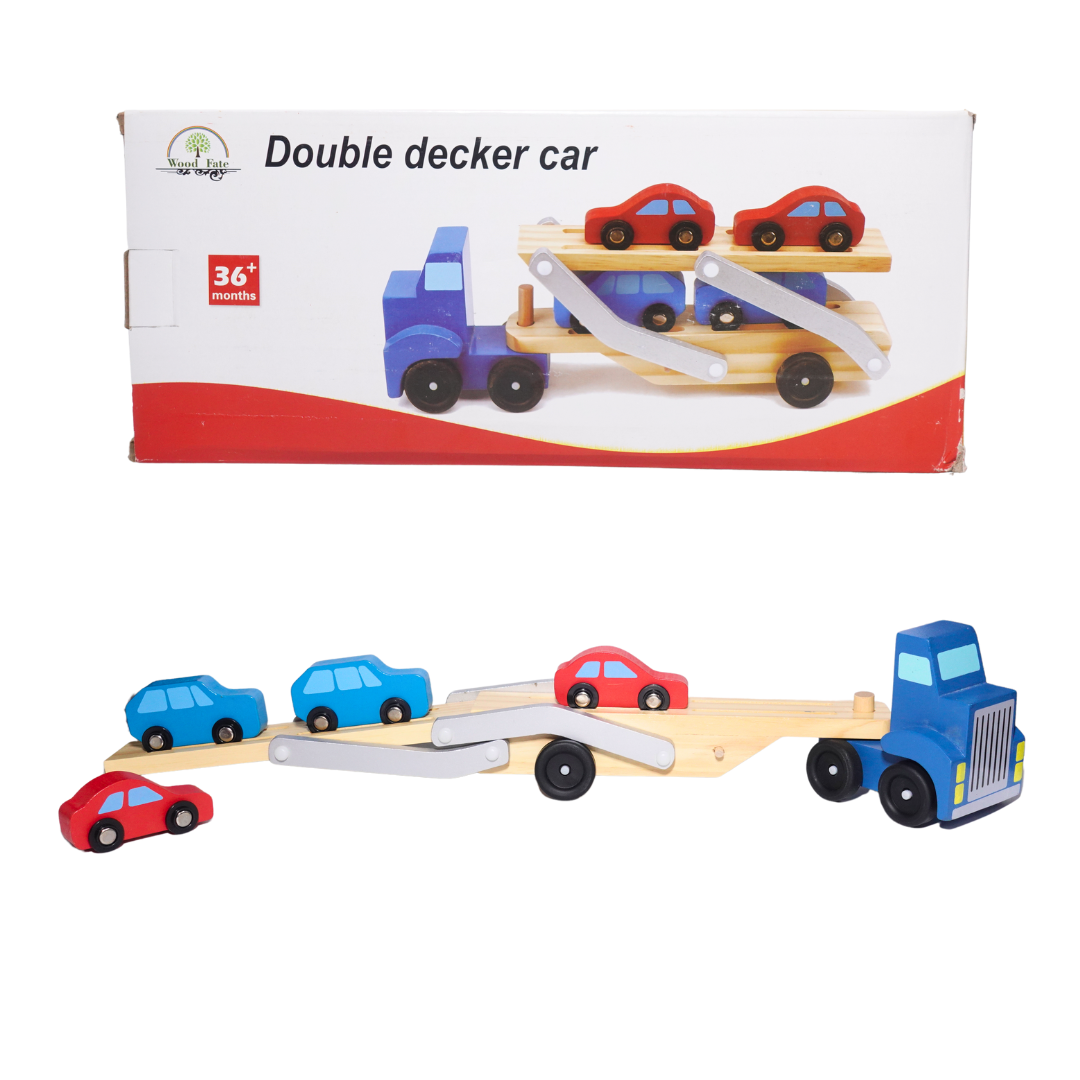 Wooden Handmade Double Decker Car Loader Toy with 4 Cars – Kids Bestie