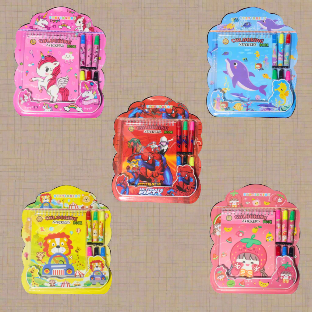 Set of 10 - Coloring Stationery Sticker Book with Six Sketch Pens | Re ...