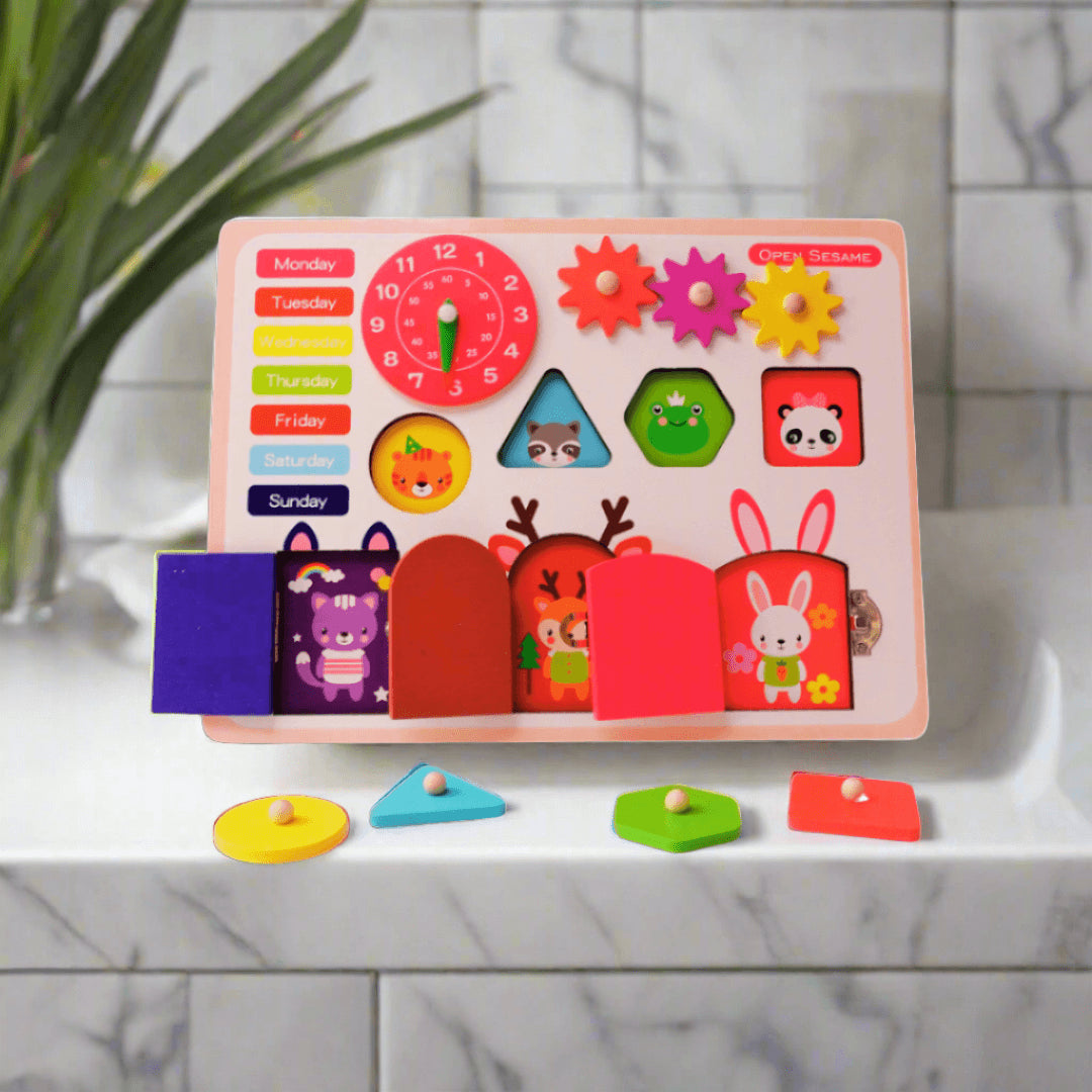 Open Sesame Busy Lock Board with days of the week, clock, shapes Toy f ...
